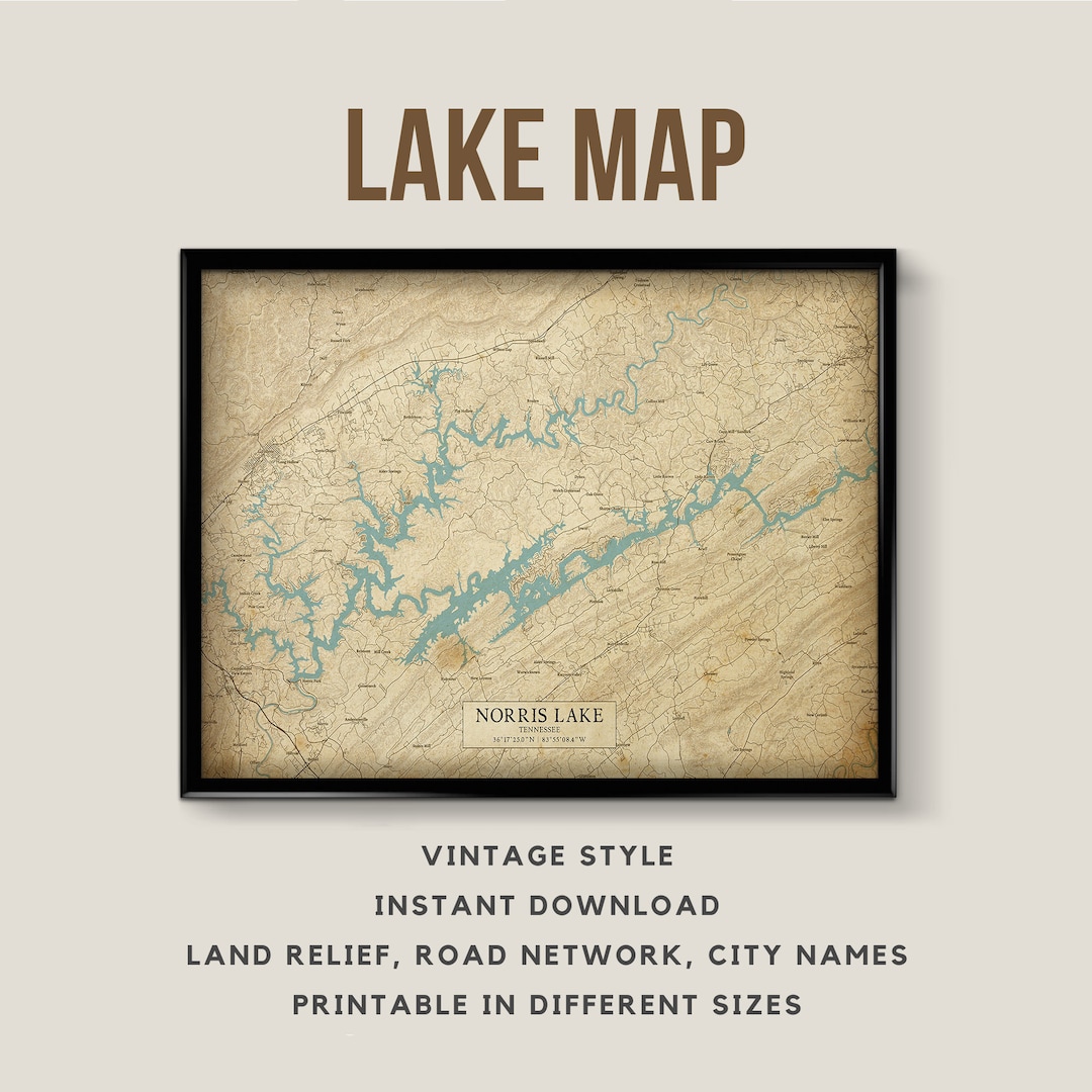 Printable Vintage Style Map of Norris Lake, Tennessee With City Names ...