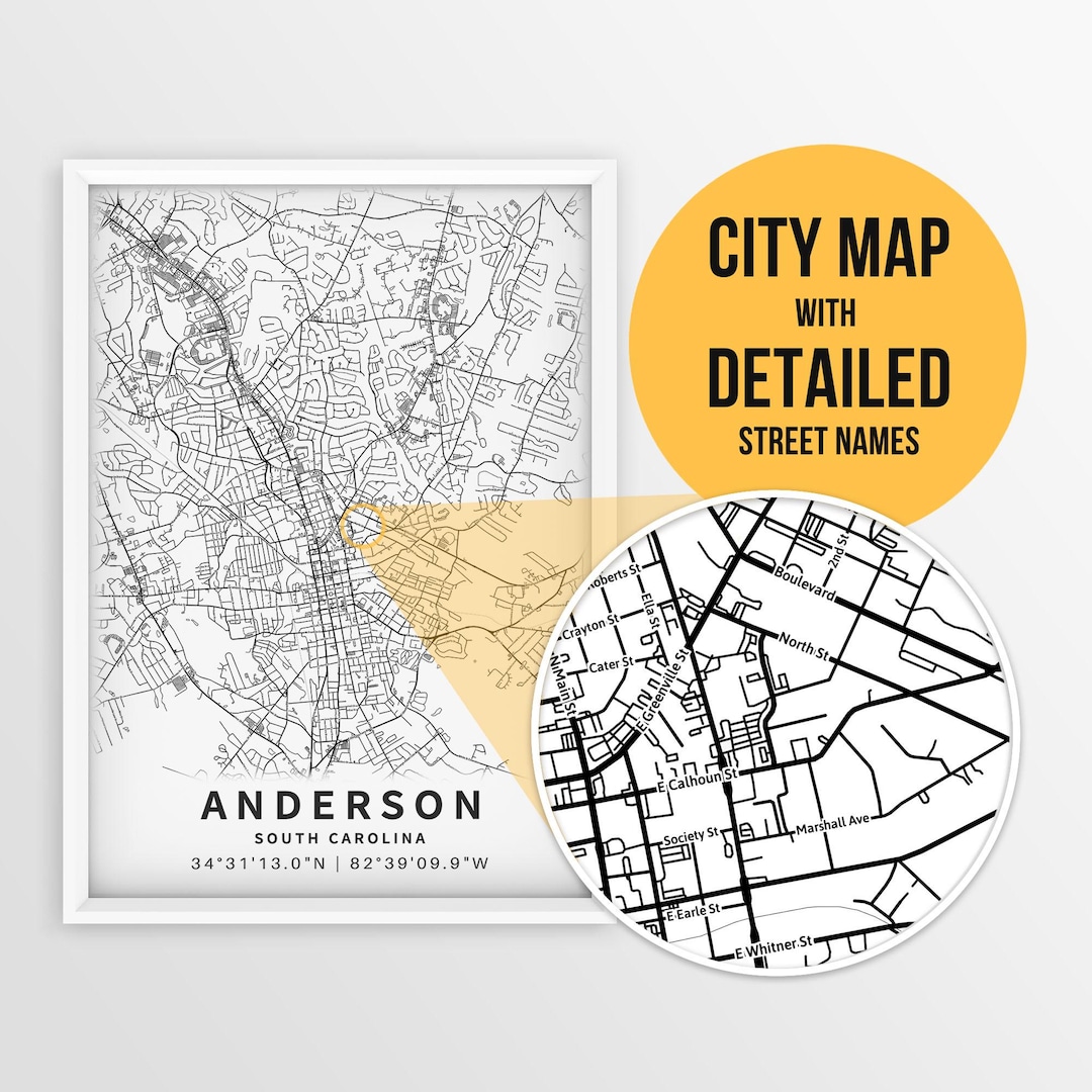 Printable Map of Anderson, South Carolina, USA With Street Names ...