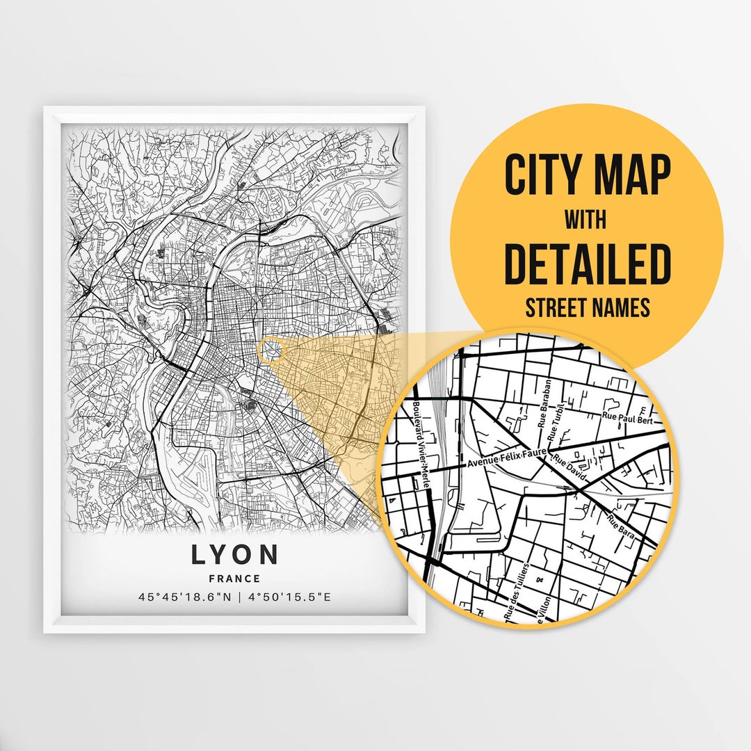 Printable Map of Lyon, France With Street Names - Instant Download ...