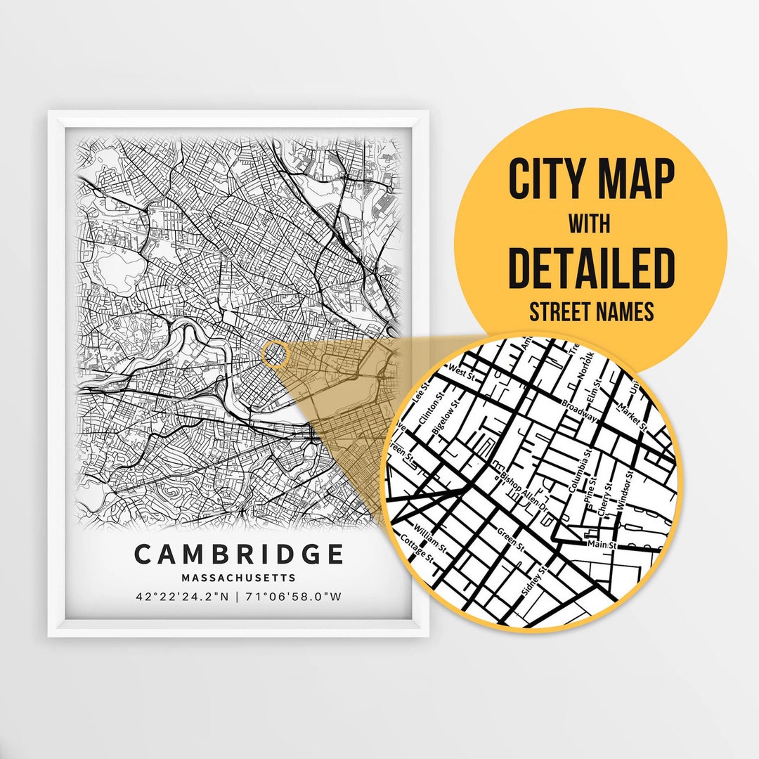 Printable Map of Cambridge, Massachusetts, USA With Street Names ...