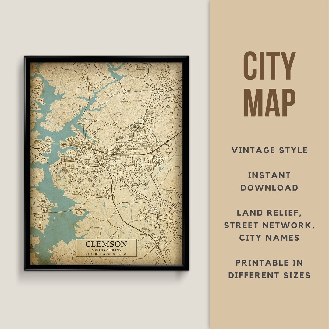 Printable Vintage Style Map of Clemson, South Carolina Instant Download ...