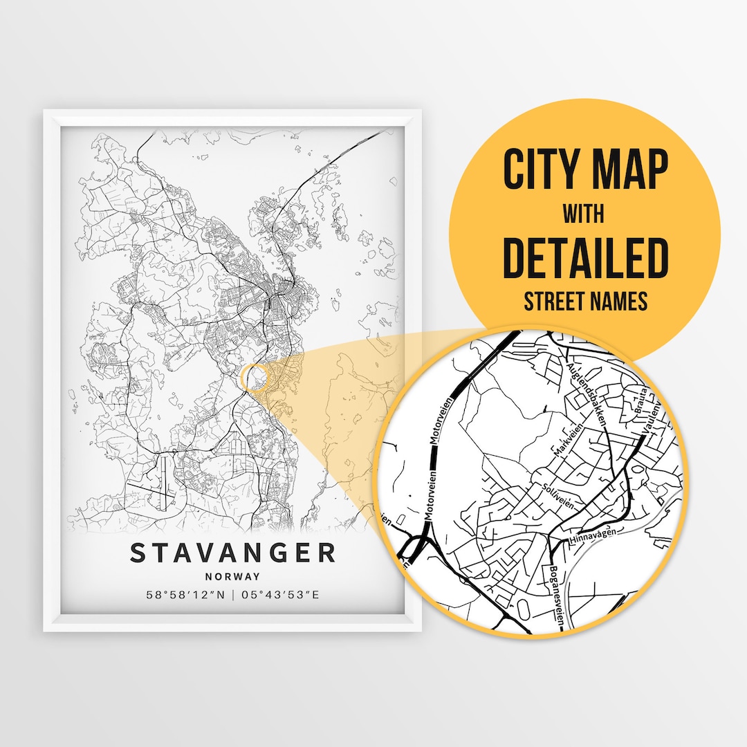 Printable Map of Stavanger, Norway With Street Names - Instant Download ...