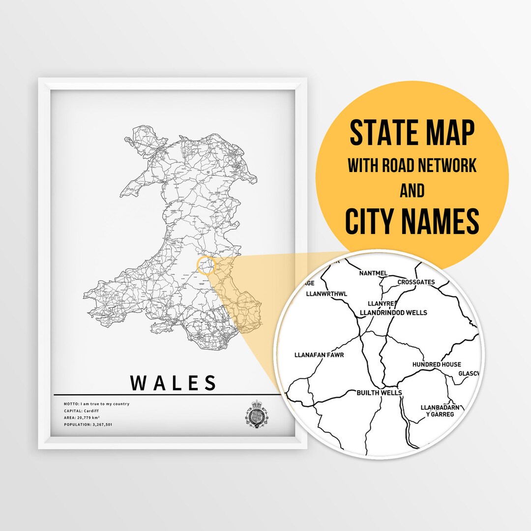 Printable Map of Wales, United Kingdom With City Names - Instant ...