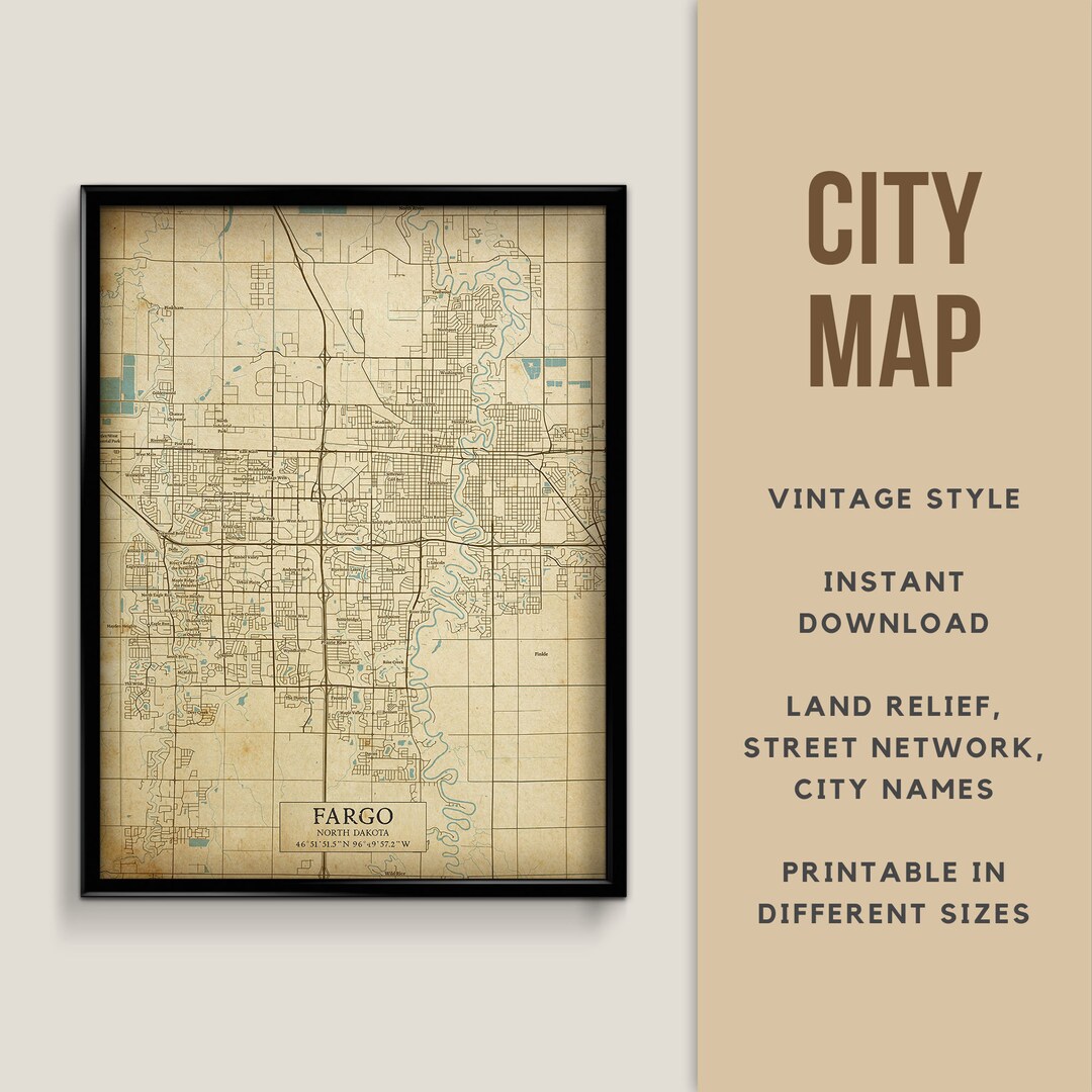 Printable Vintage Style Map of Fargo, North Dakota USA Instant Download ...