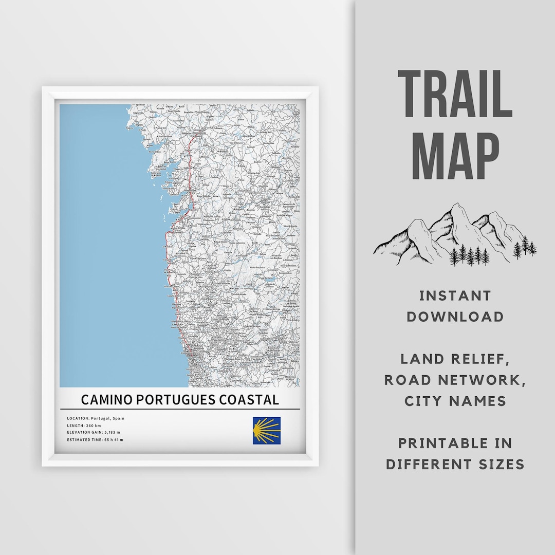 Printable Map of Camino Portugues Coastal Route - Instant Download ...