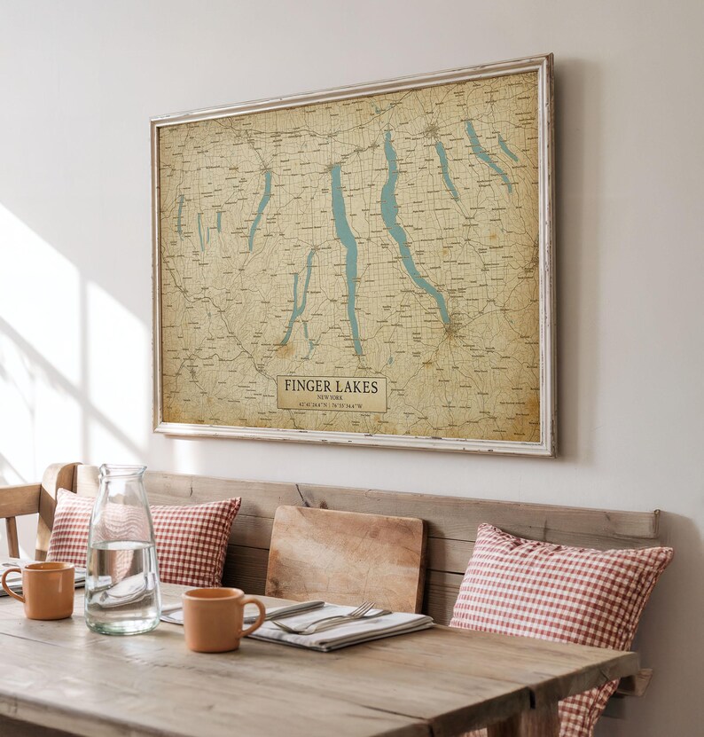 Finger Lakes Vintage Style Map, Printable New York Lake House Poster ...