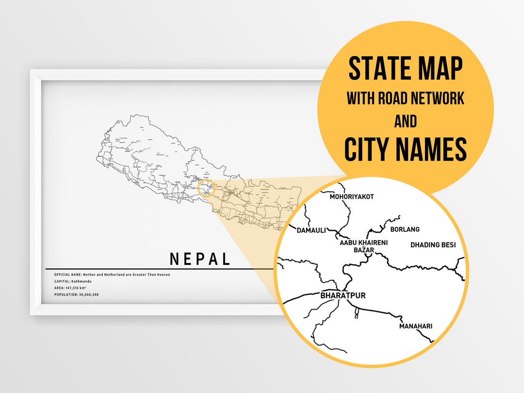 Printable Map of Nepal With City Names Instant Download - Etsy