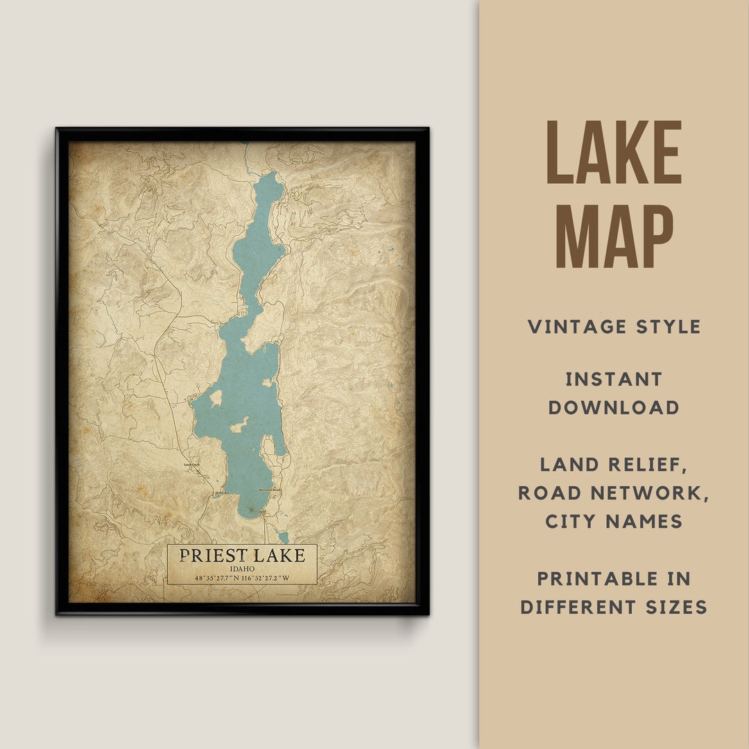 Vintage Style Map of Priest Lake, Idaho, USA With City Names - Instant ...