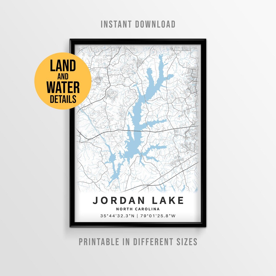 Jordan Lake Map Poster, Printable North Carolina Lake House Decor ...
