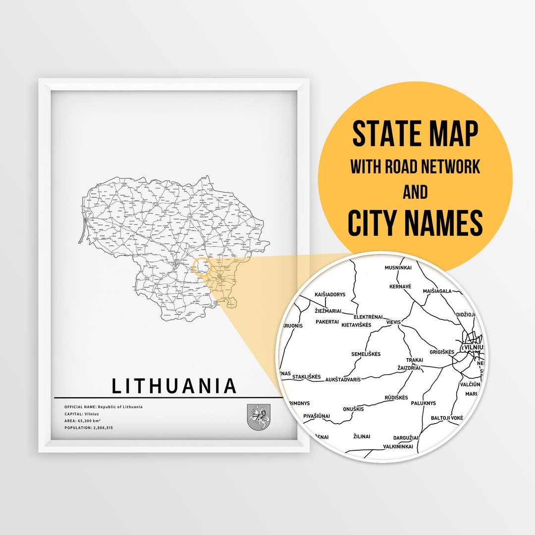 Printable Map of Lithuania With City Names and Roads Instant Download ...