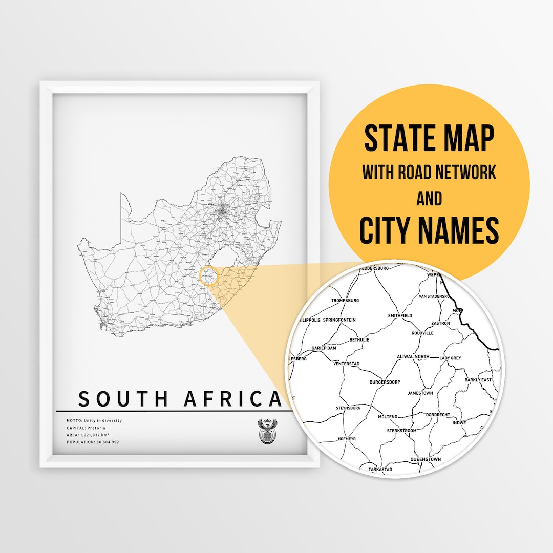 Printable Map of South Africa With City Names and Roads - Instant ...