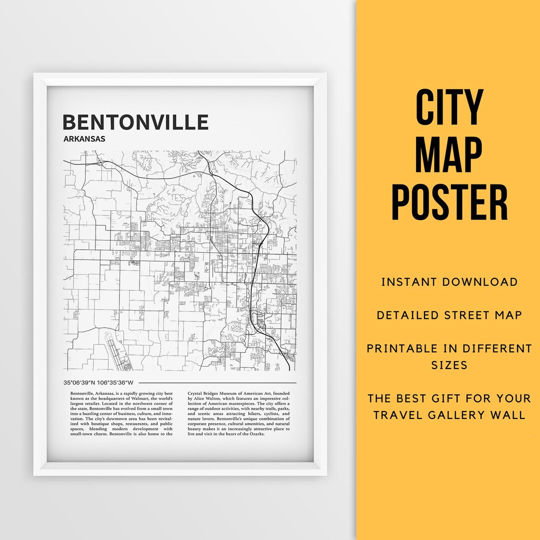 Bentonville, Arkansas, USA Printable Map Poster Instant Download Street ...