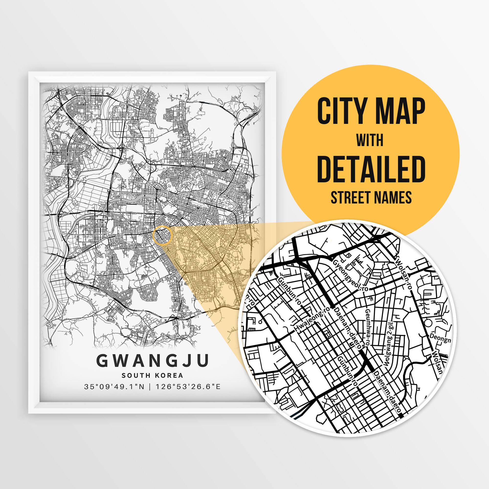 Printable Map of Gwangju, South Korea With Street Names - Instant ...