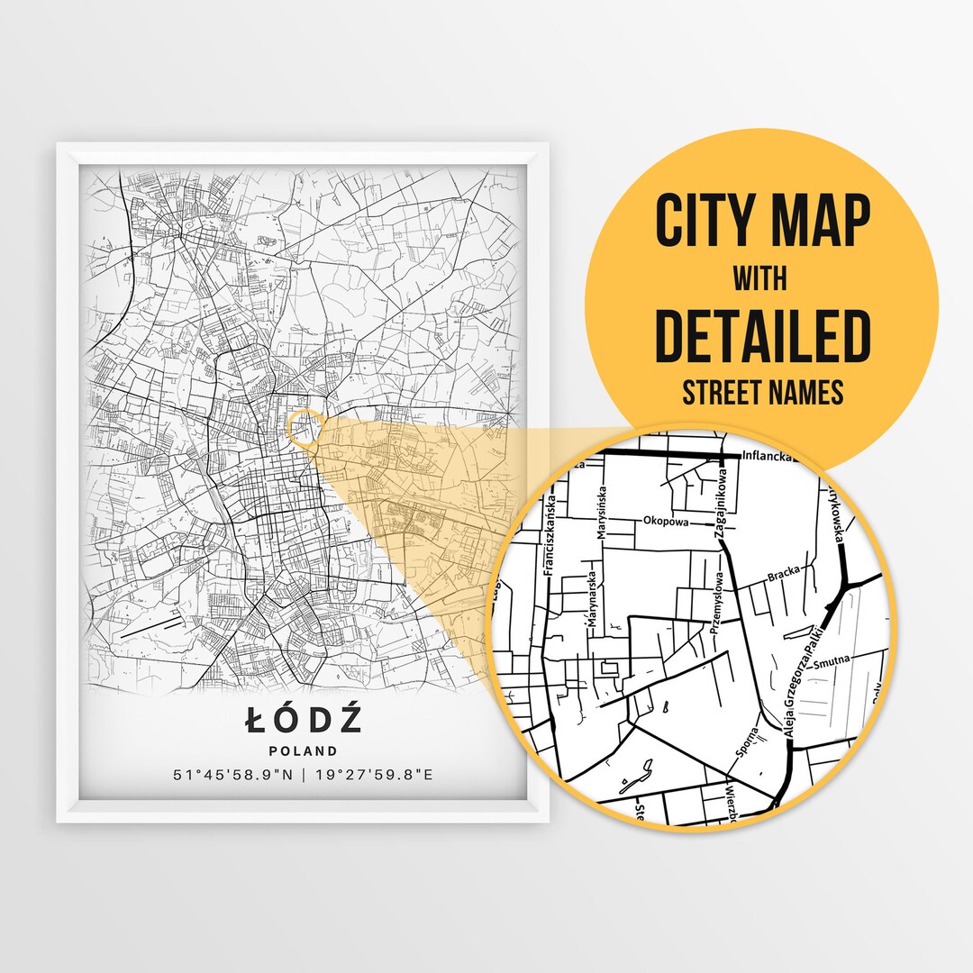 Printable Map of Łódź, Poland With Street Names - Instant Download ...