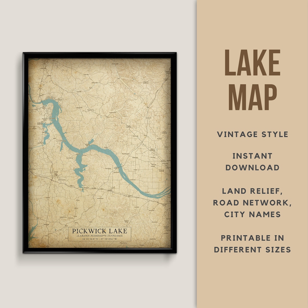 Vintage Style Map of Pickwick Lake, Tennessee, Alabama, Mississippi ...