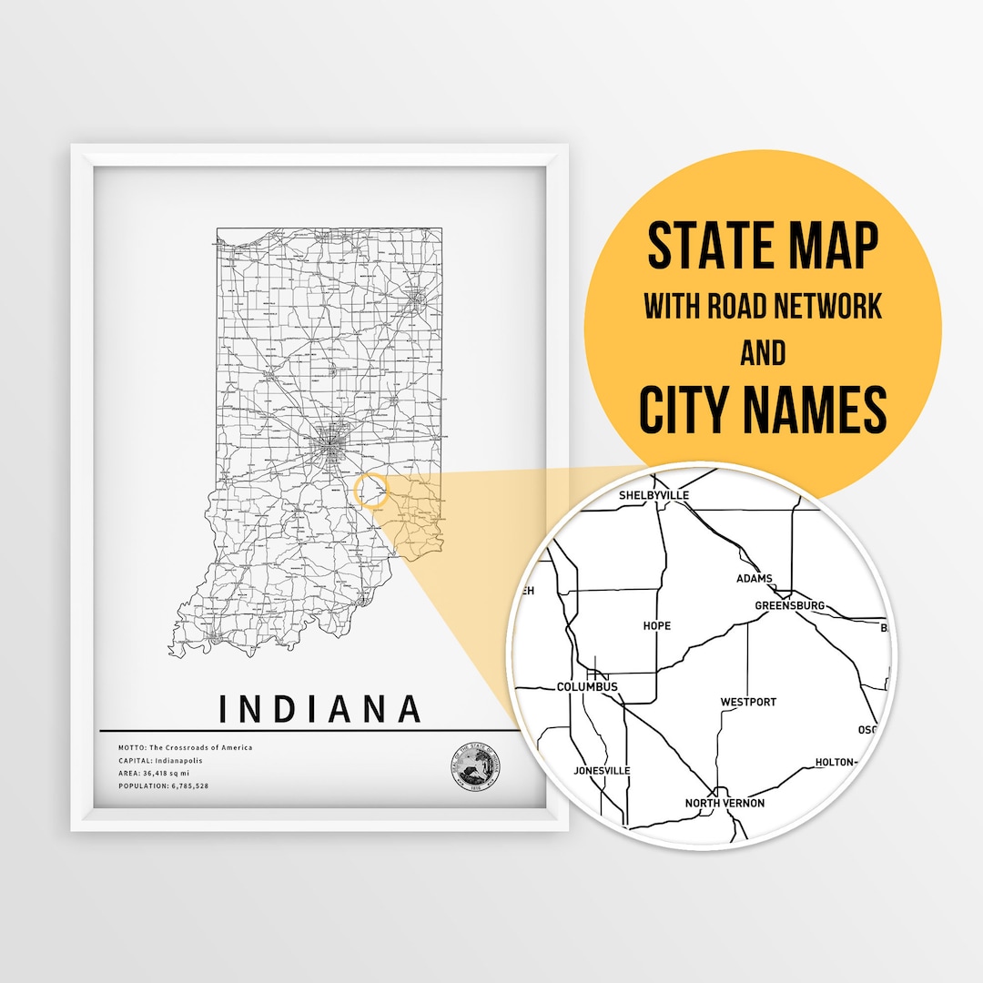 Printable Map of Indiana, United States With City Names and Roads ...