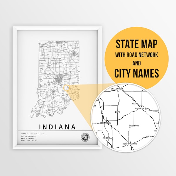 Printable Map of Indiana - Etsy