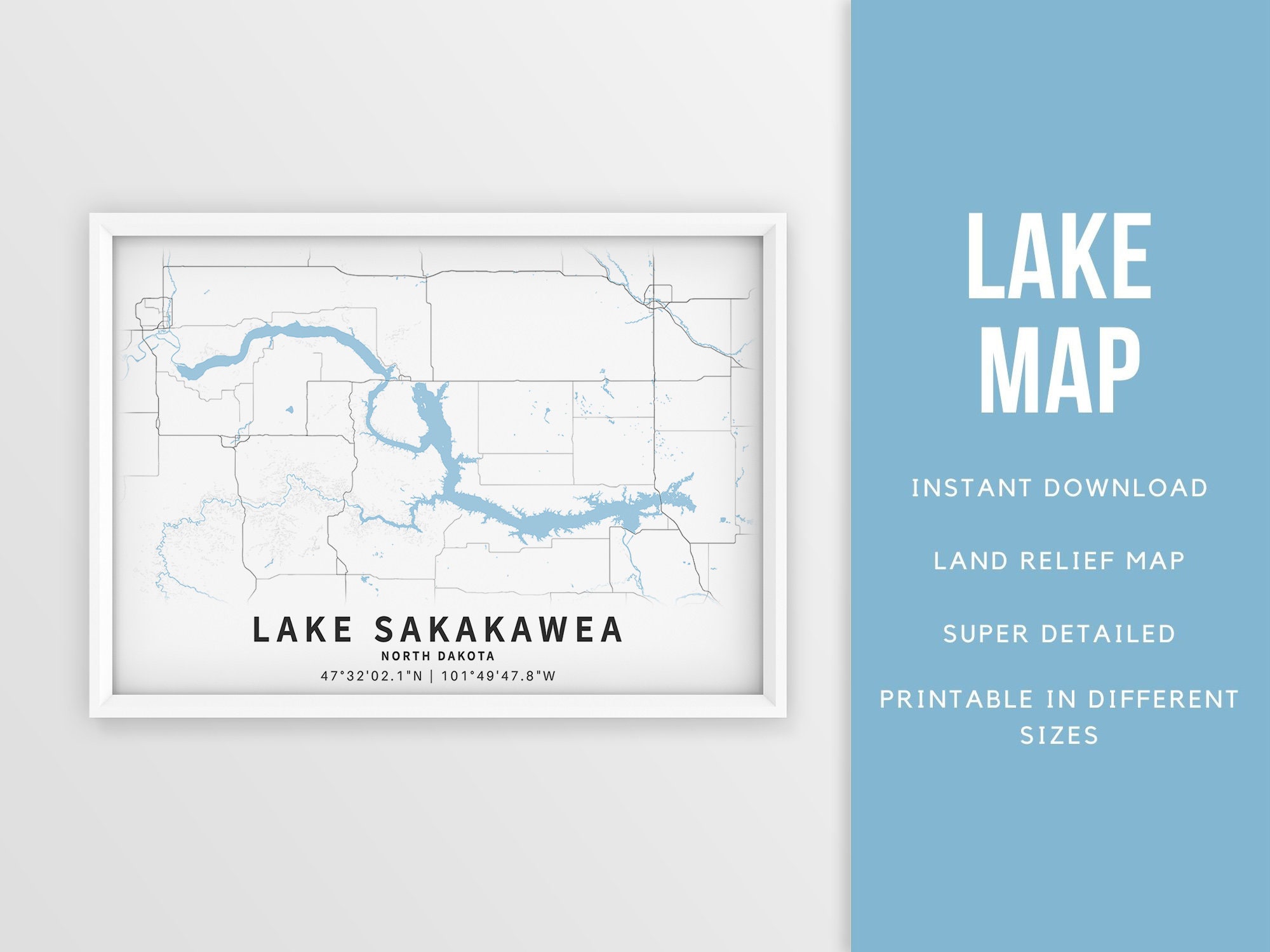 Printable Map of Lake Sakakawea North Dakota United States | Etsy