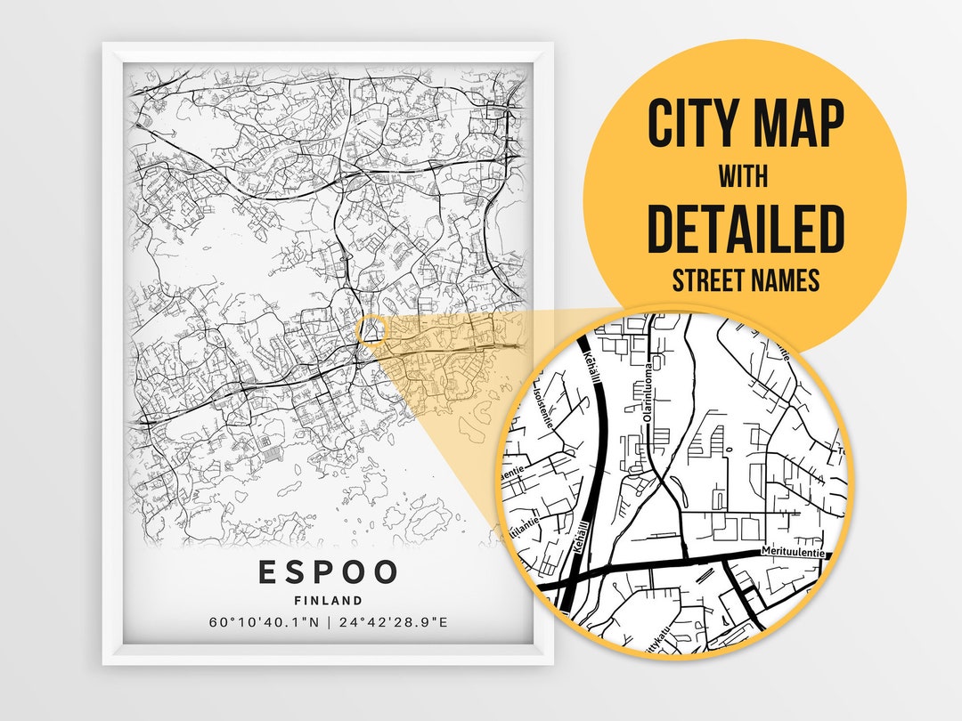 Printable Map of Espoo Finland With Street Names Instant - Etsy
