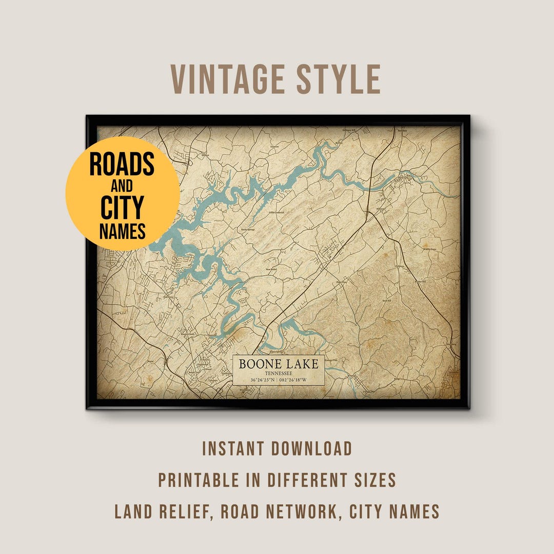 Boone Lake Vintage Style Map, Printable Tennessee Lake House Poster ...