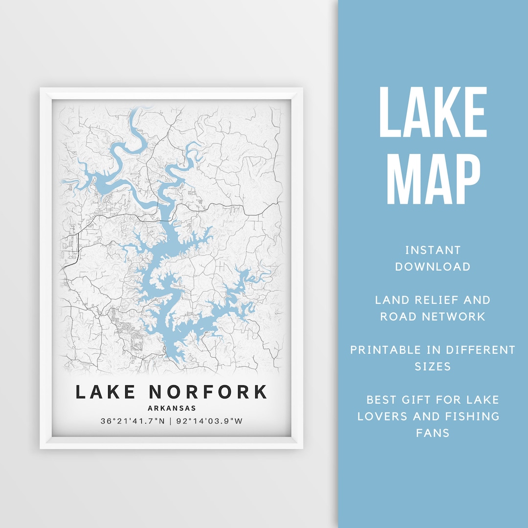 Printable Map of Norfork Lake, Arkansas, US - Instant Download \ Lake ...