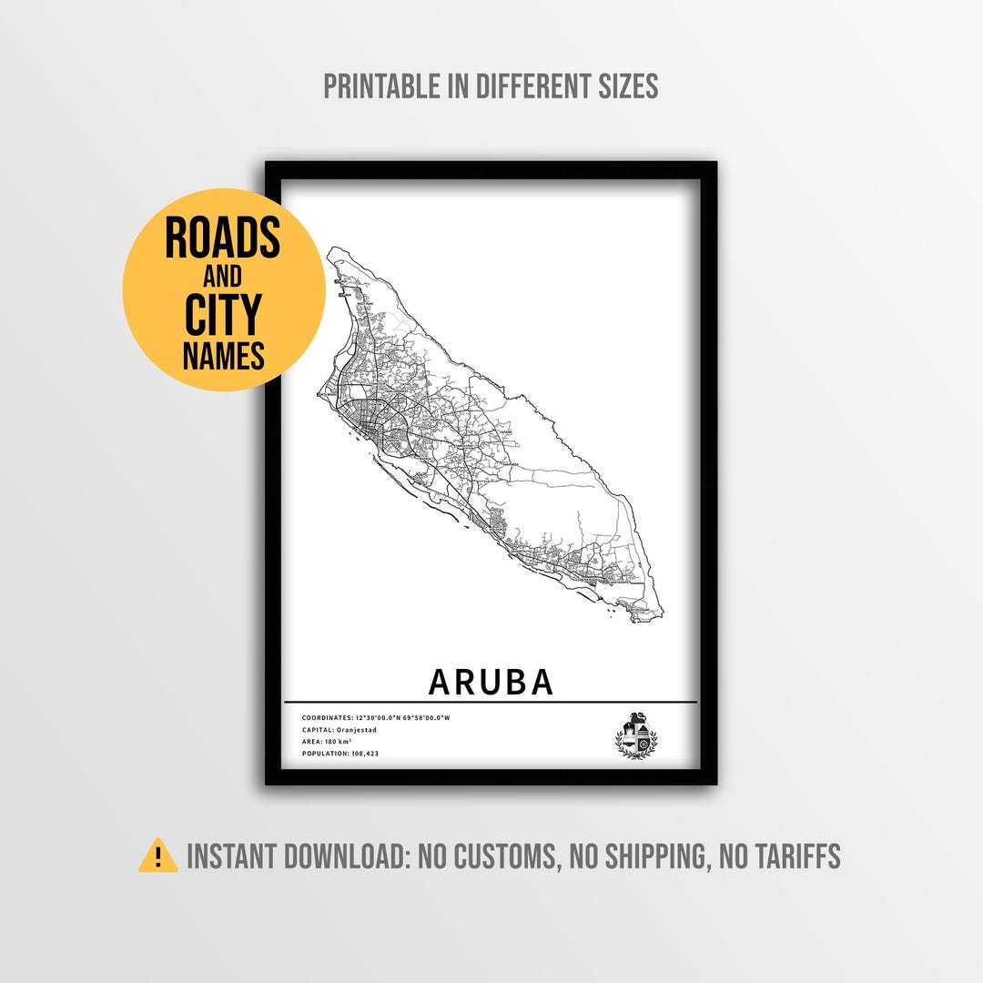 Aruba Map Poster, Printable Caribbean Road Map With City Names (instant ...