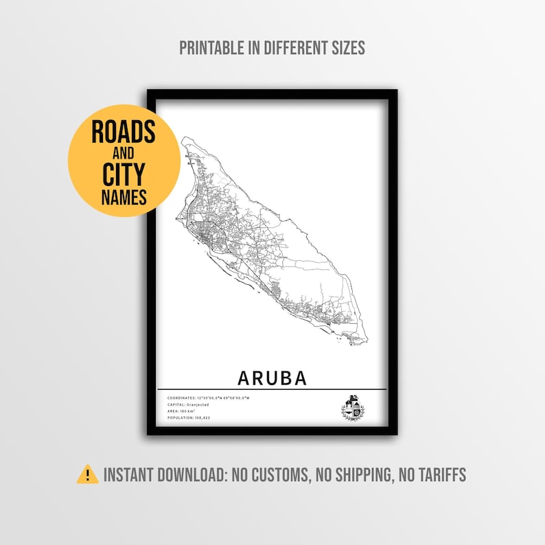 Aruba Map Poster, Printable Caribbean Road Map With City Names (instant ...