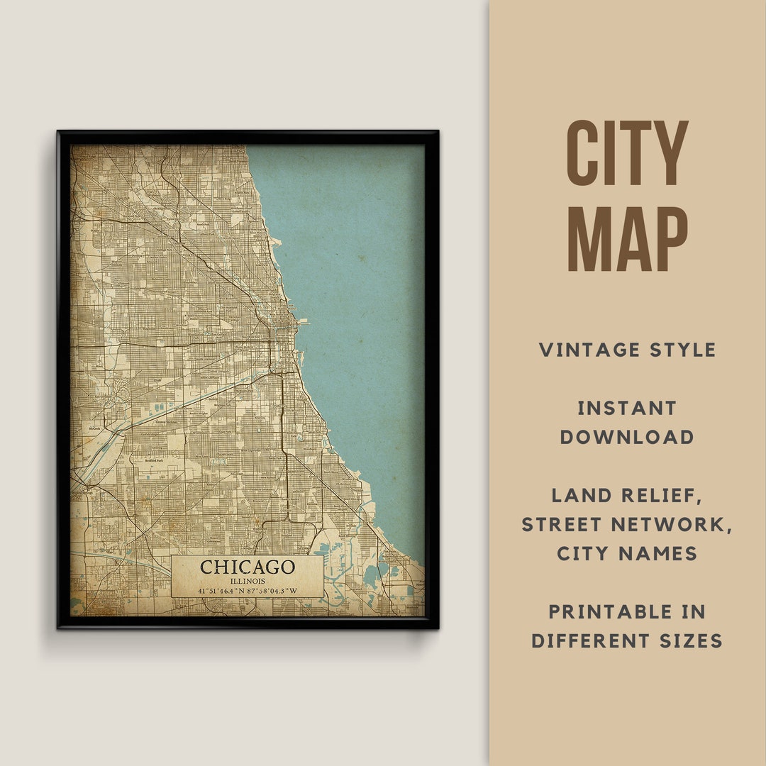 Printable Vintage Style Map of Chicago, Illinois USA - Instant Download ...