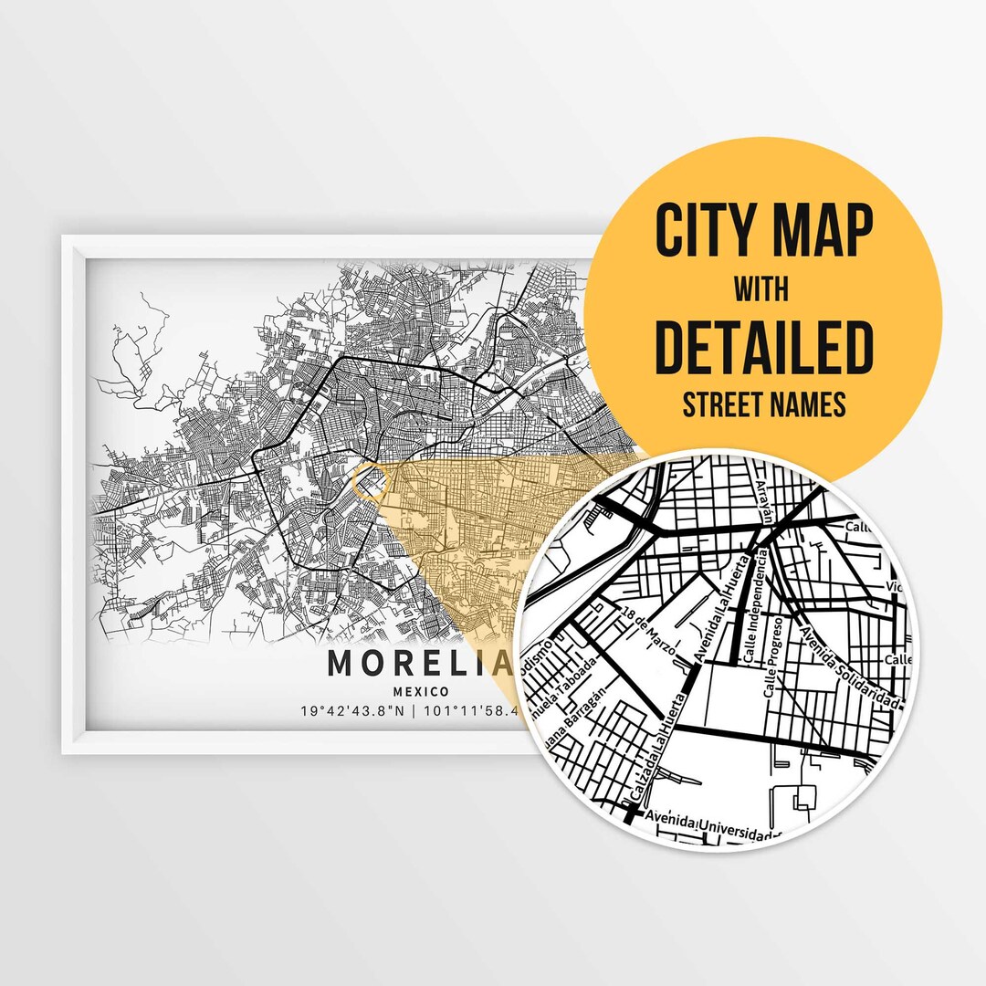 Printable Map of Morelia, Mexico With Street Names - Instant Download ...