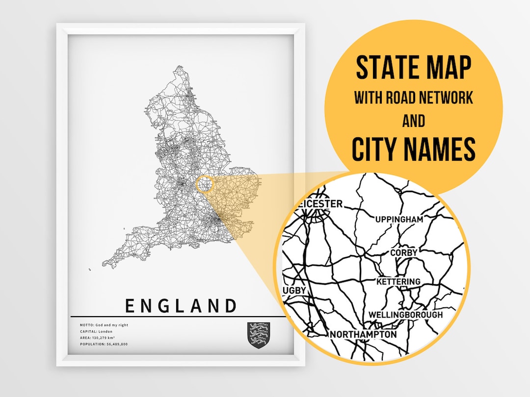 Mapa imprimible de Inglaterra Reino Unido con nombres de - Etsy México