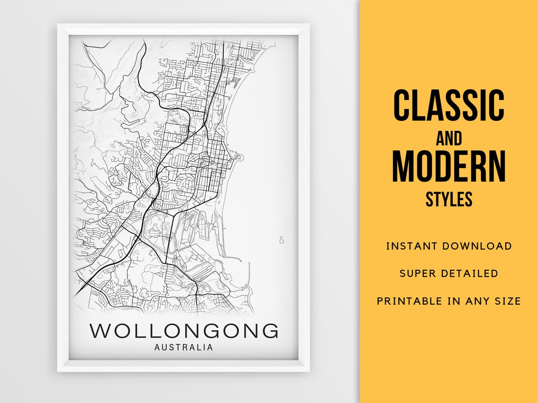 Printable Map of Wollongong, New South Wales, Australia Instant ...