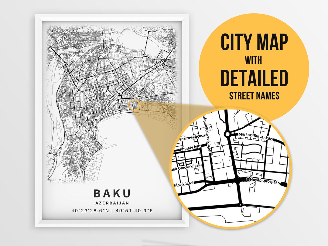 Printable Map of Baku Azerbaijan With Street Names Instant - Etsy
