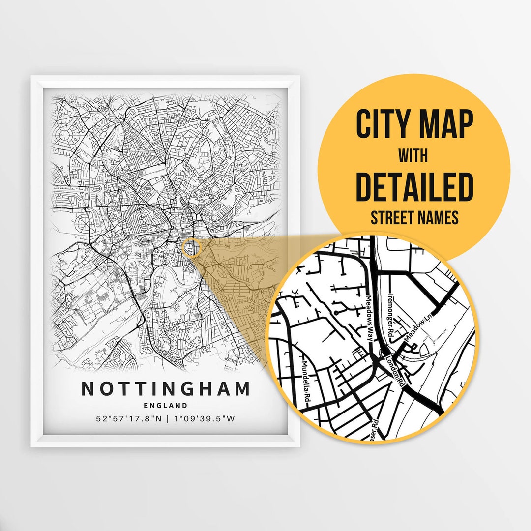 Printable Map of Nottingham, England, United Kingdom With Street Names ...