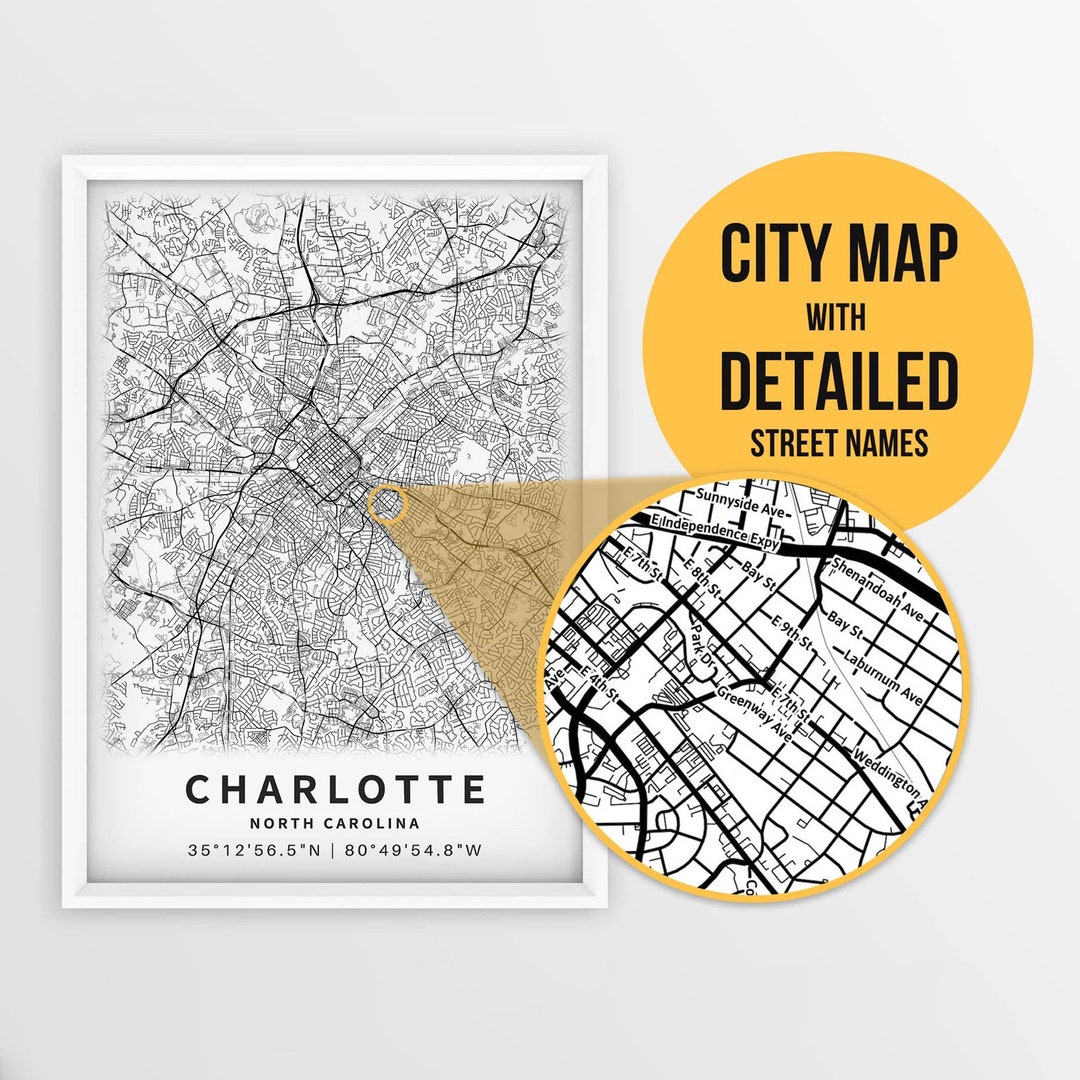Printable Map of Charlotte, North Carolina, USA With Street Names ...