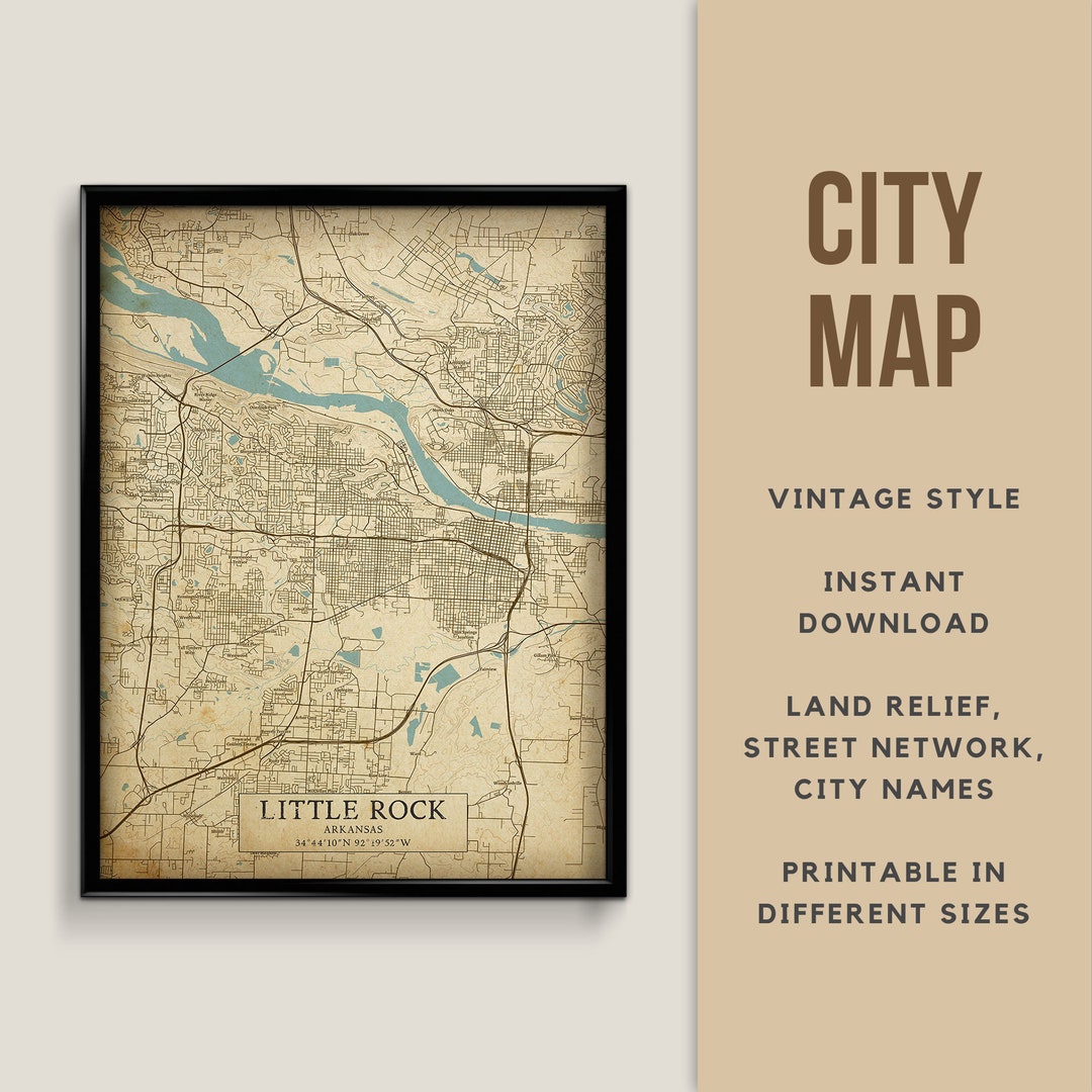 Vintage Style Map of Little Rock, Arkansas, USA - Instant Download ...