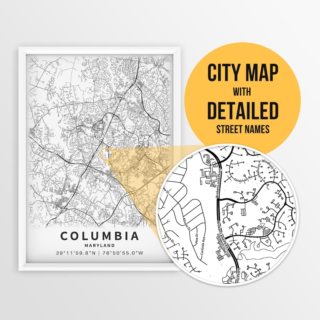 Printable Map of Columbia, Maryland, USA With Street Names - Instant ...