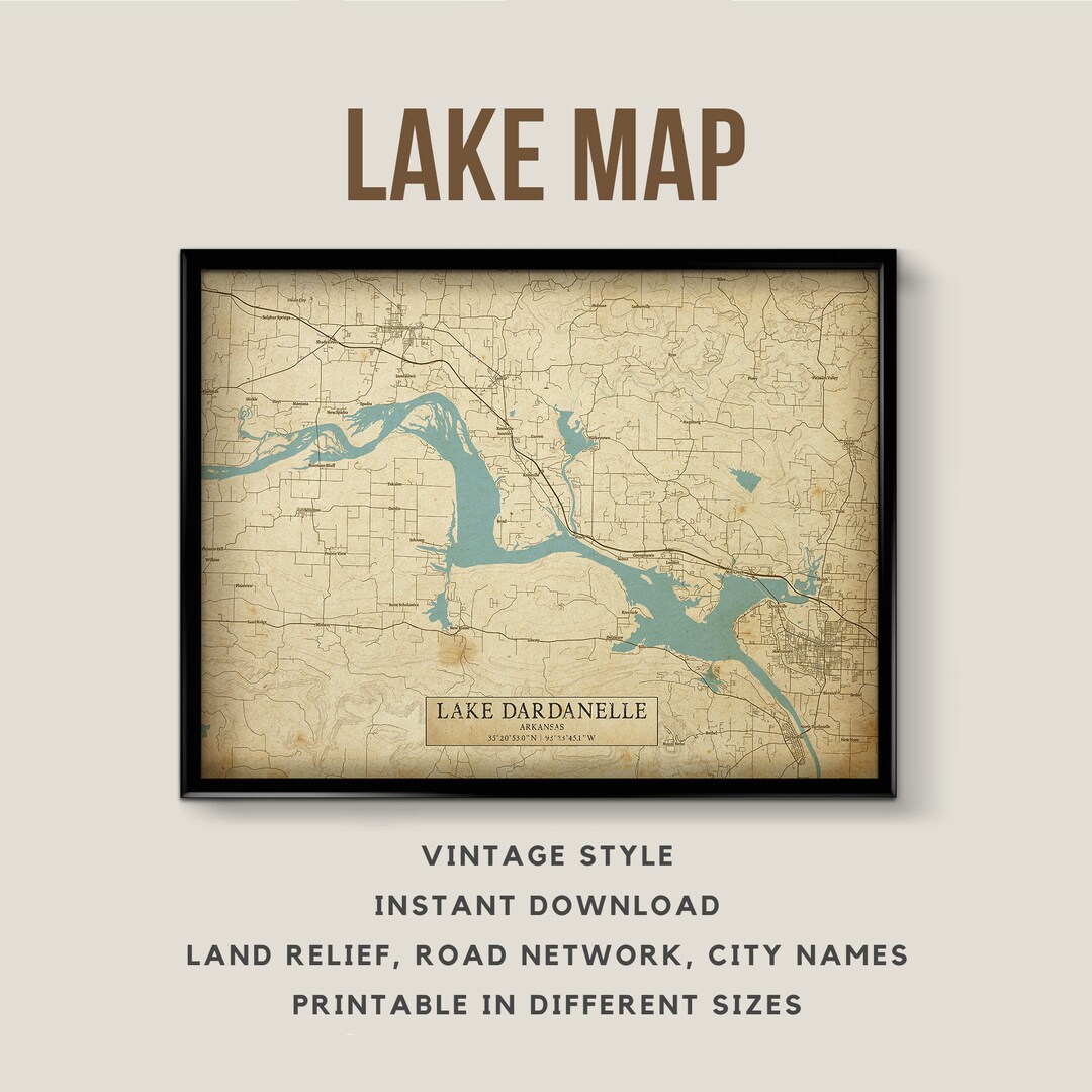 Printable Vintage Style Map of Lake Dardanelle, Arkansas, USA With City ...