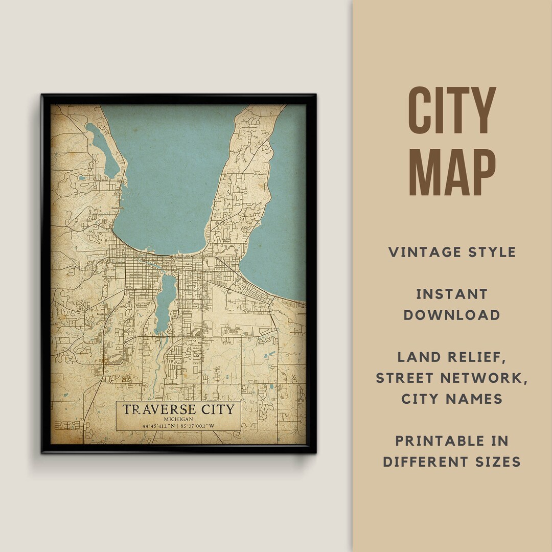 Printable Vintage Style Map of Traverse City, Michigan, USA - Instant ...