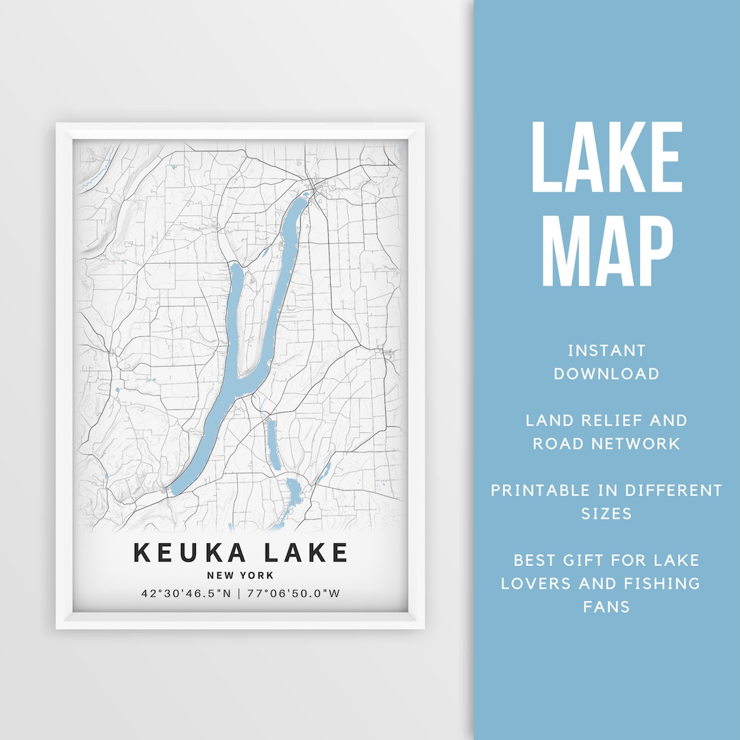 Printable Map of Keuka Lake, New York - Instant Download \ Lake Map \ Wall Art \ Map Poster ...