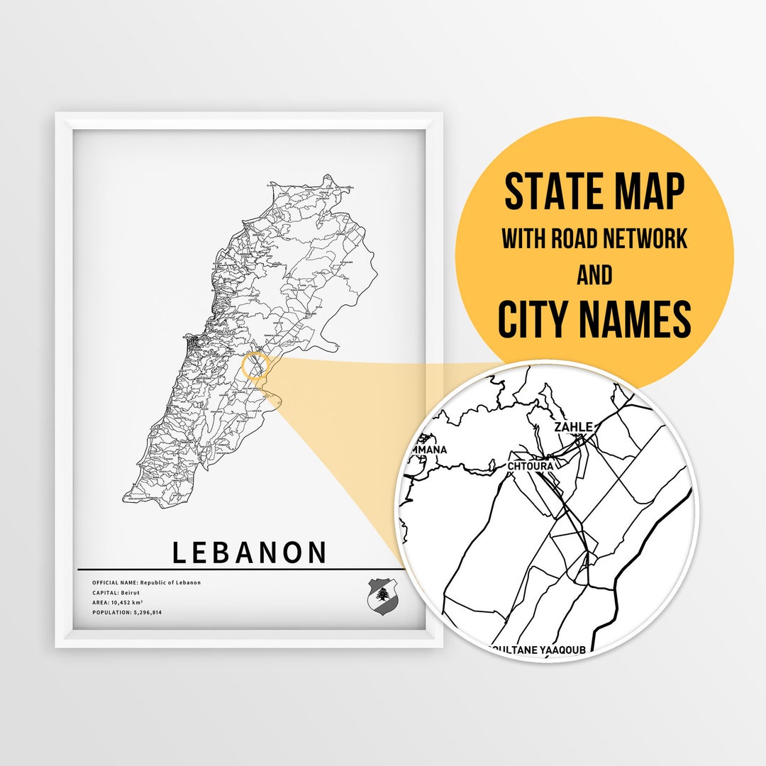 Printable Map of Lebanon With City Names and Roads - Instant Download ...