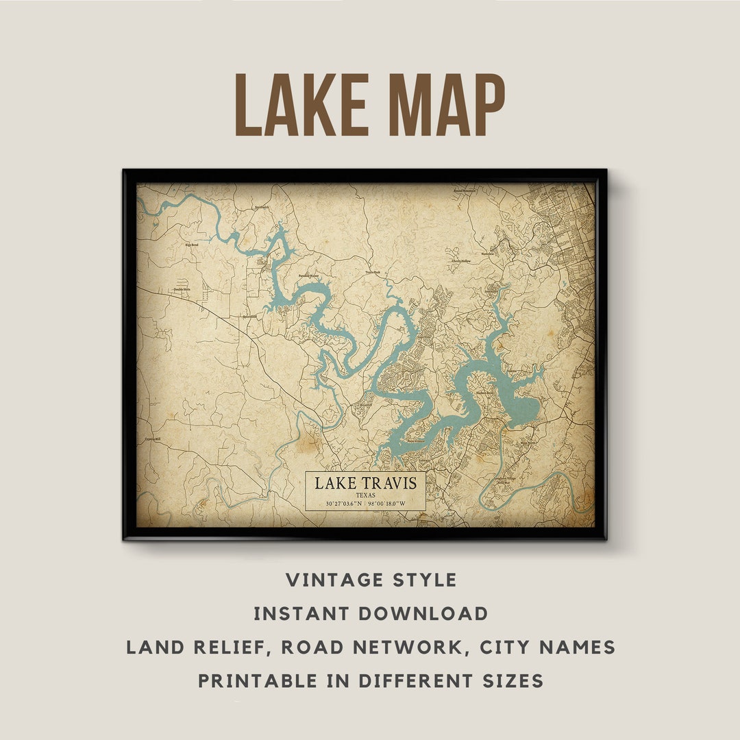 Vintage Style Map of Lake Travis, Texas, USA With City Names - Instant ...