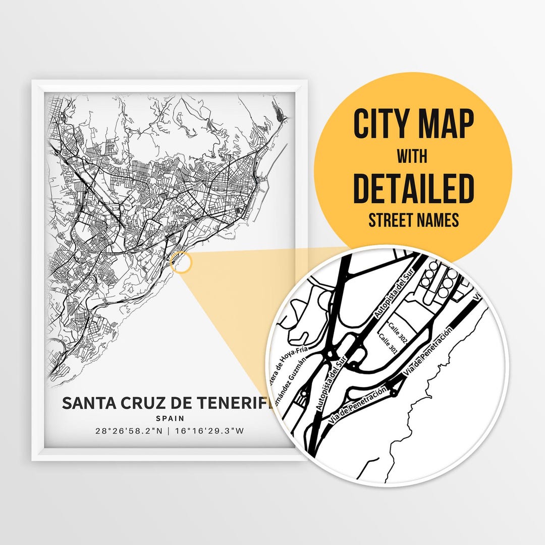 Printable Map of Santa Cruz De Tenerife, Spain With Street Names ...
