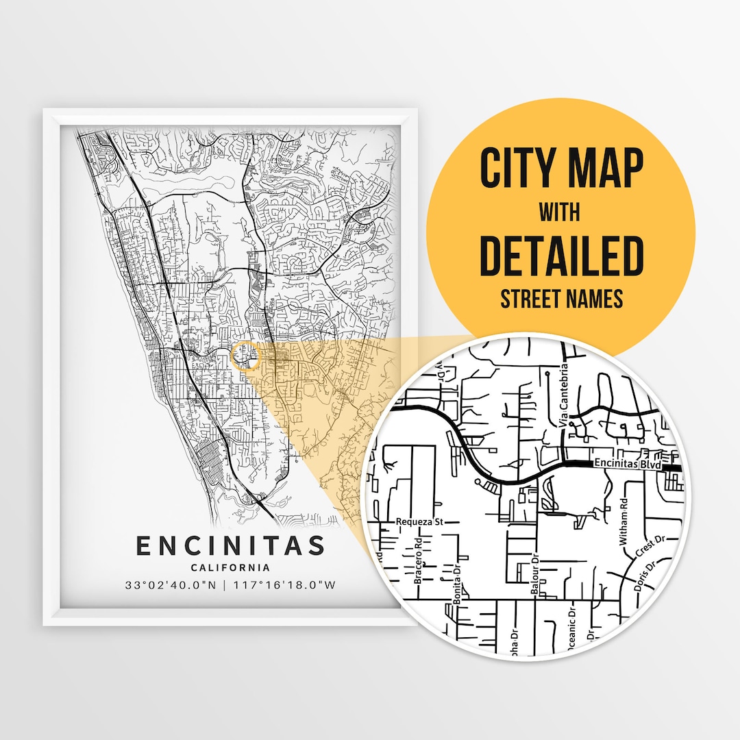 Printable Map of Encinitas, California, USA With Street Names - Instant ...