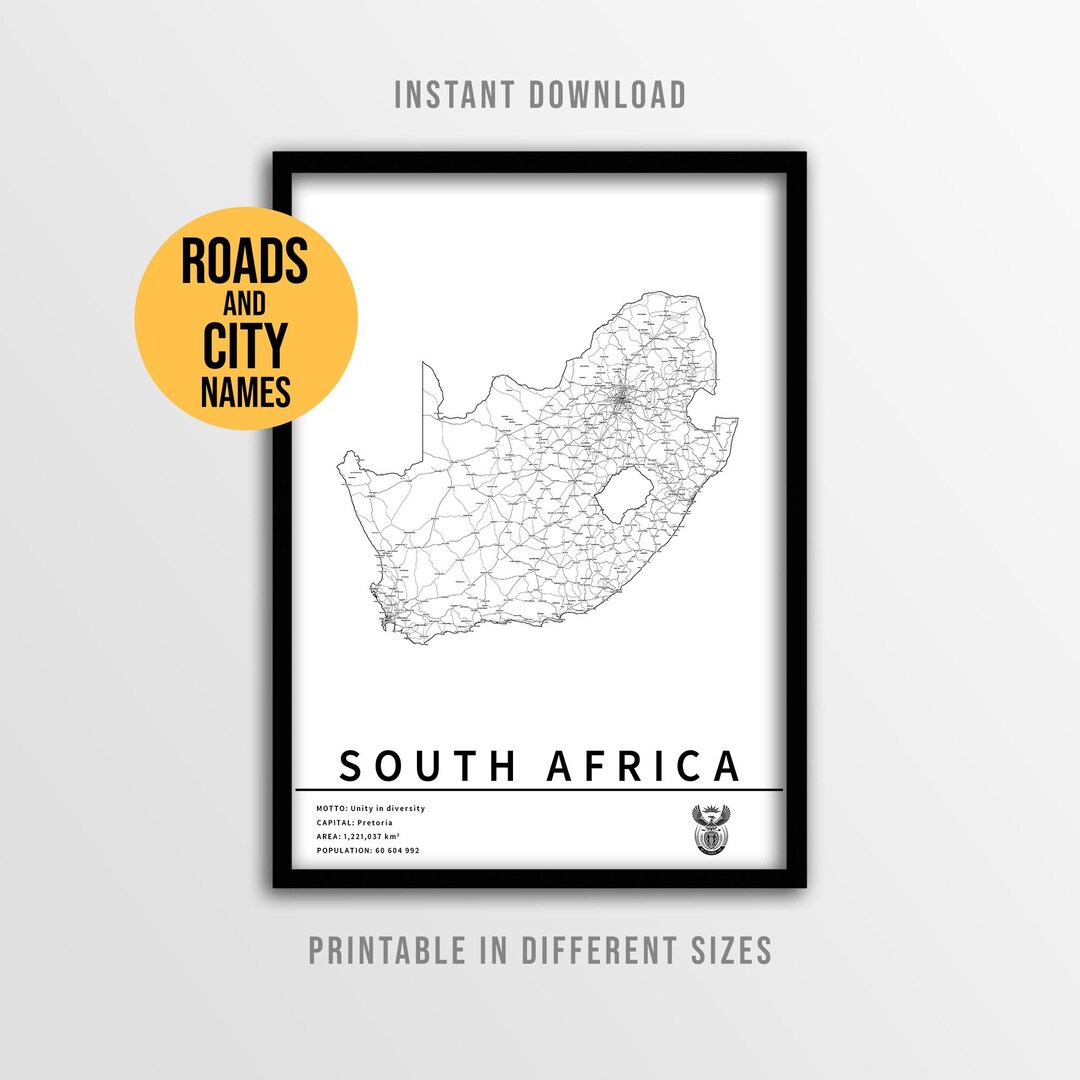 South Africa Map Poster, Printable Road Map With City Names (instant ...
