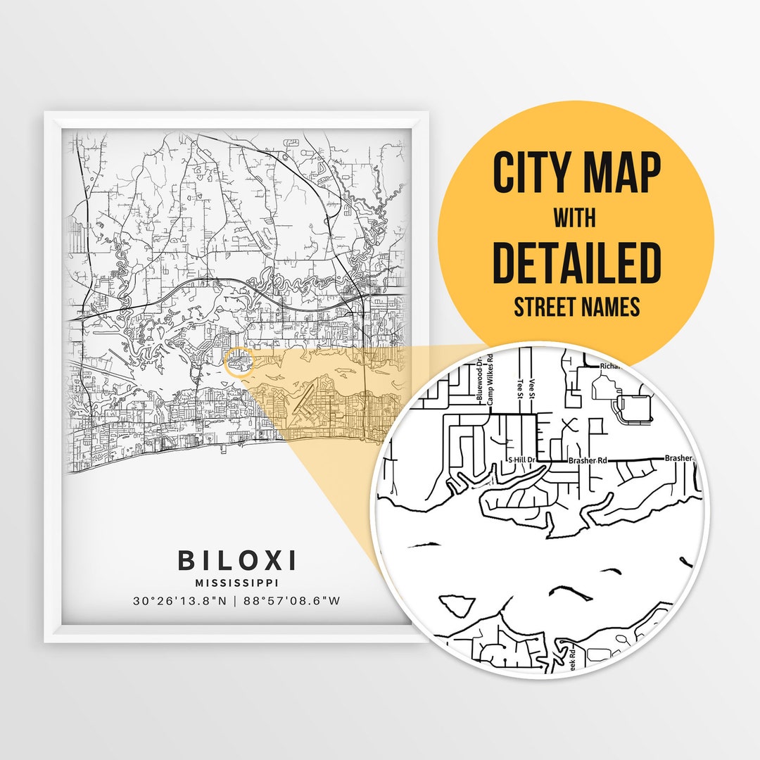 Printable Map Biloxi, Mississippi, USA With Street Names - Instant ...