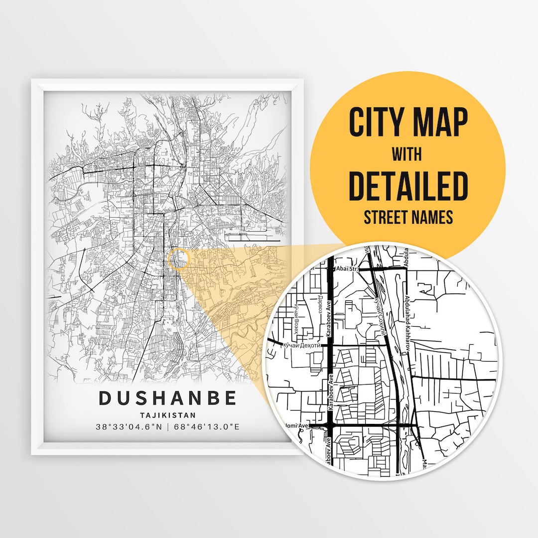 Printable Map of Dushanbe, Tajikistan With Street Names - Instant ...