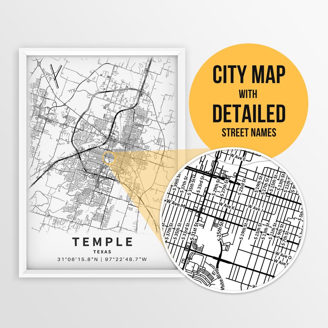 Printable Map of Temple, Texas, USA With Street Names - Instant ...
