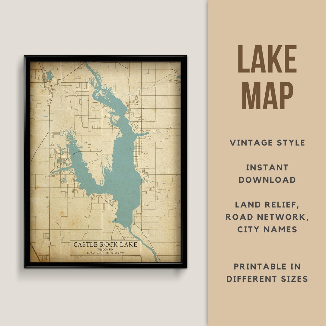 Printable Vintage Style Map of Castle Rock Lake, Wisconsin, USA With ...
