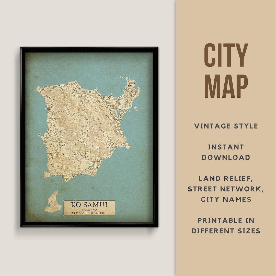 Vintage Style Map of Ko Samui, Thailand - Instant Download \ Street Map ...