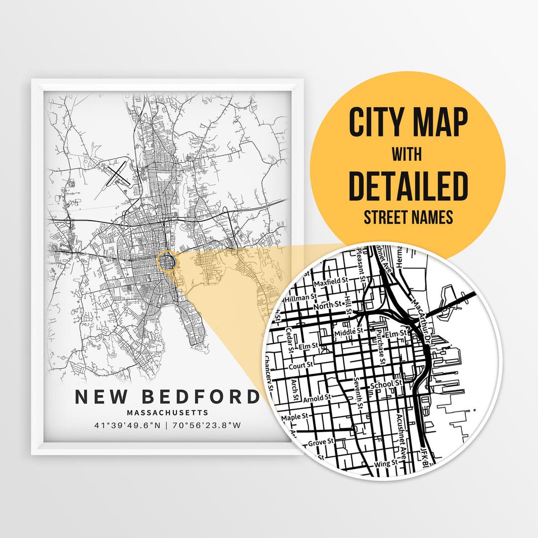 Printable Map of New Bedford, Massachusetts With Street Names - Instant ...